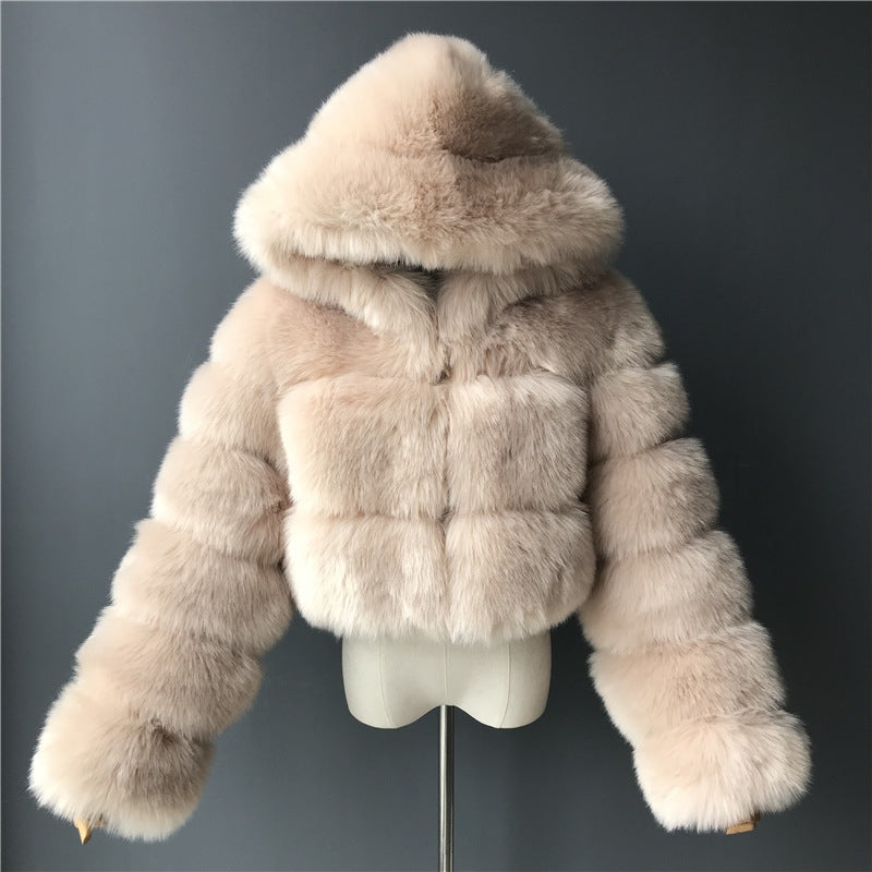 Short Hood Fox Fur Women's Long Sleeve Stitching Coat – Joy Global Inc(1)