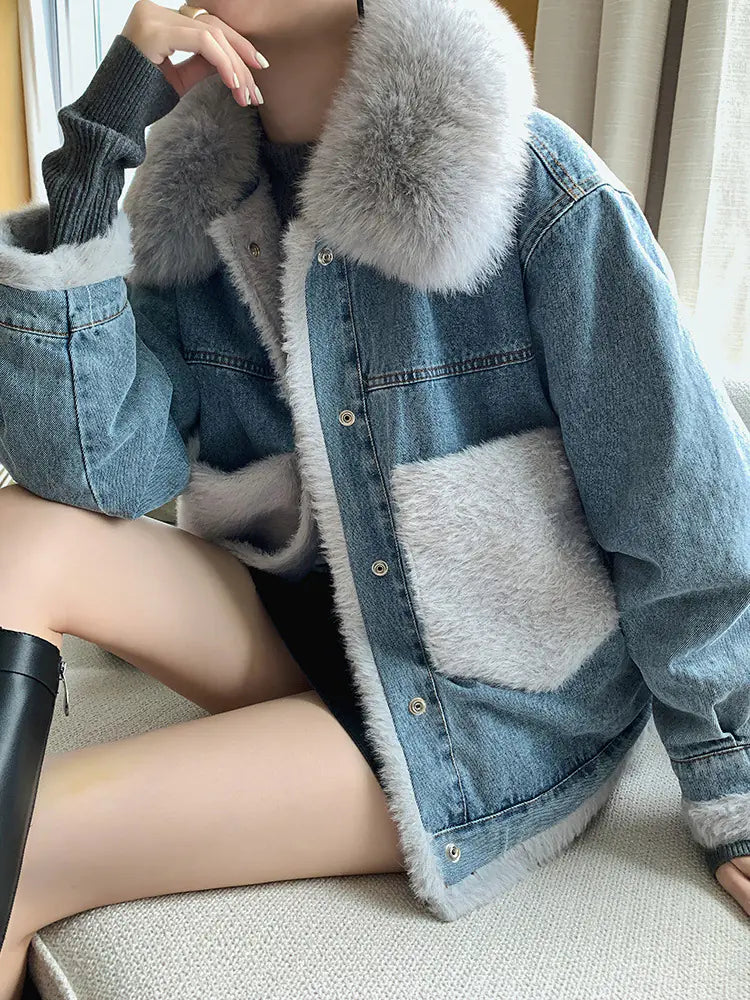 Women's Denim Jacket with Fleece Collar and Loose Fit – Joy Global Inc(1)